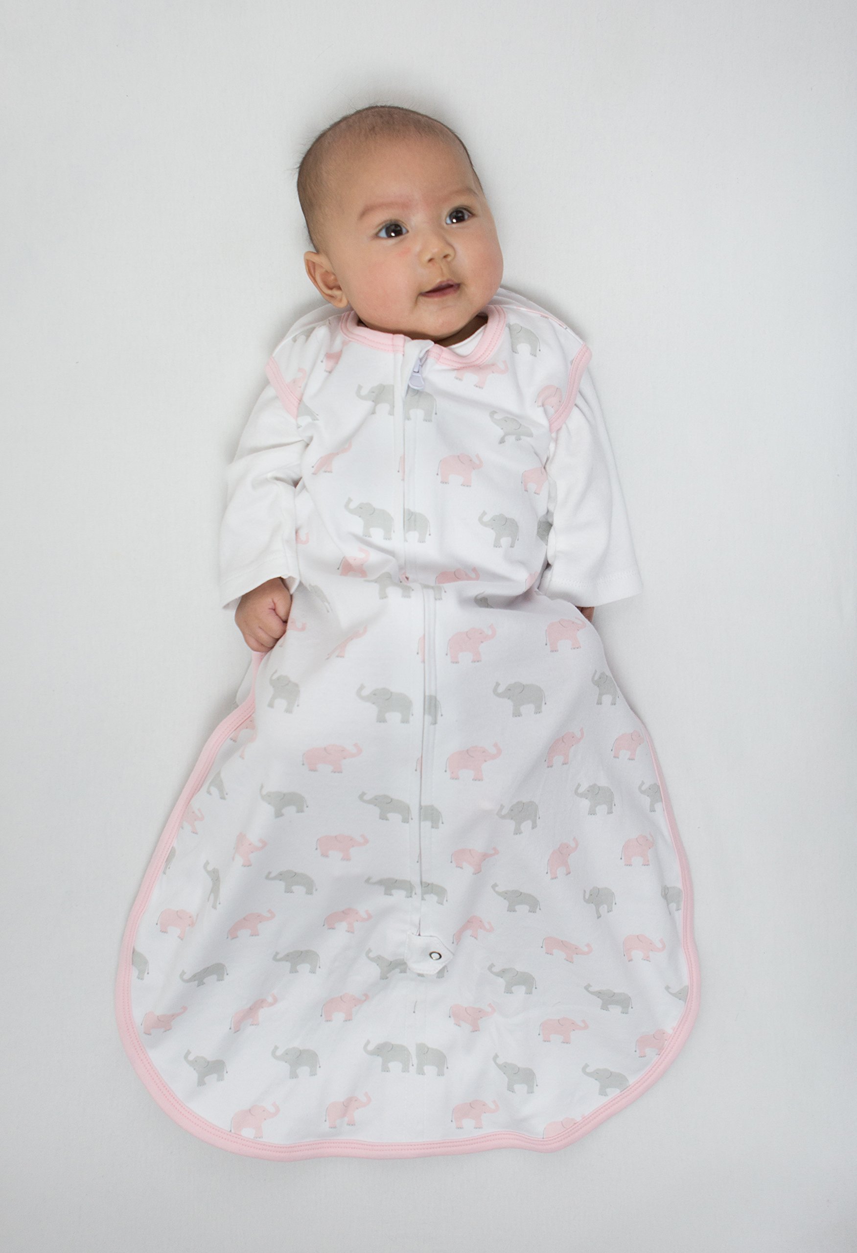 Amazing Baby Cotton Sleeping Sack, Wearable Blanket with 2-way Zipper, Pastel Pink + Gray Tiny Elephants, Small (0-6 mo)