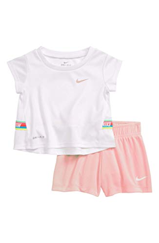 Nike Girl`s Contrast Logo Taping Graphic Print T Shirt & Shorts 2 Piece Set (Pink(26G485-A8F)/White, 3T)