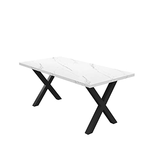 70.87" Faux Marble Dining Table, Modern Rectangular Dining Table with Printed Marble Table Top and X-Shape Stainless Steel Table Leg/Metal Base for Kitchen & Dining Room(White Top+ Black Legs)