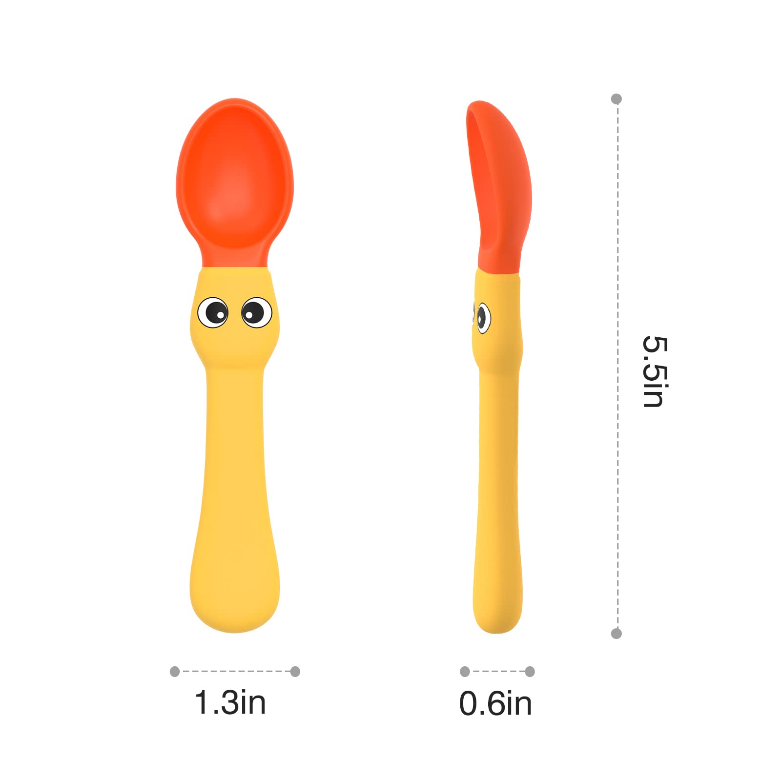 2 Pack 100% Silicone Toddler Spoon Soft and Bendable | BPA Free | Easy Grip Baby Utensils for Self-feeding Training, Cute Bright Adorable Ducks, (Set of 2, Orange and Yellow) MOE DUCK