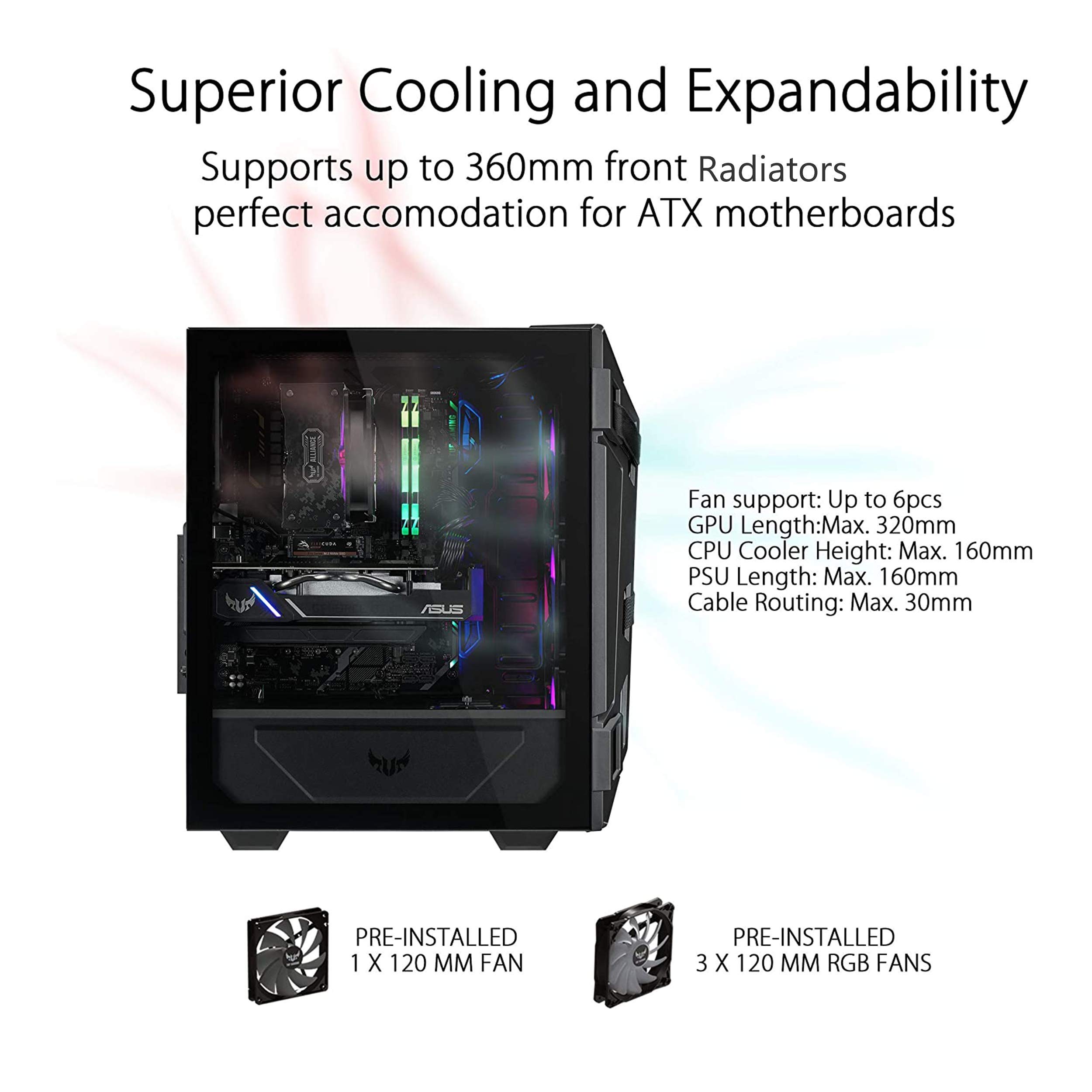 ASUS TUF Gaming GT301 Mid-Tower Compact Case for ATX Motherboards with honeycomb Front Panel, 120mm AURA Addressable RBG fans, headphone hanger, and 360mm radiator support, 2 x USB 3.2