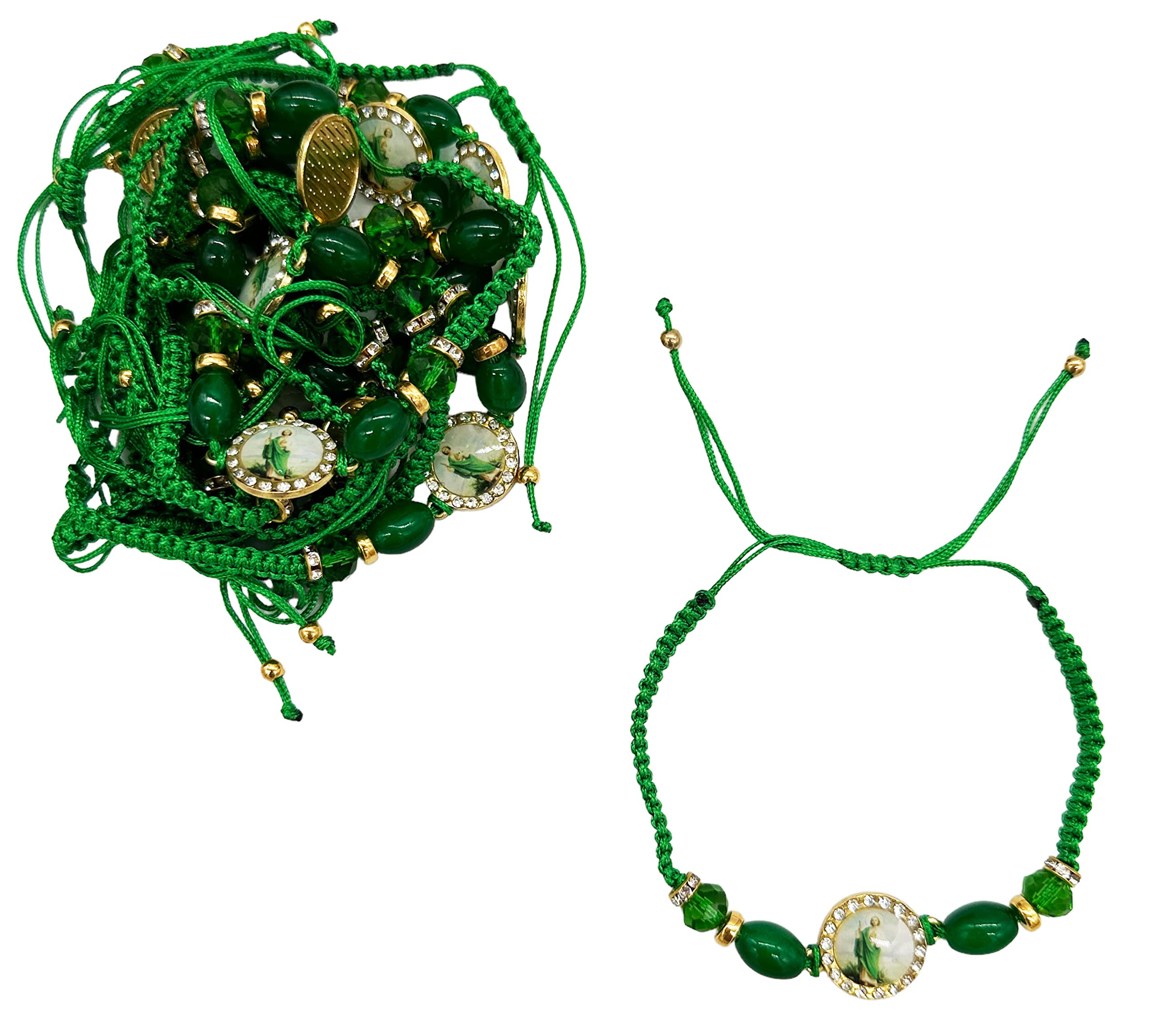 12 PCS San judas tadeo Bracelet Handmade Medal Adjustable String Green Rope Bracelets Religious Prayer Jewelry Gift For Women Men- Green (49GR)
