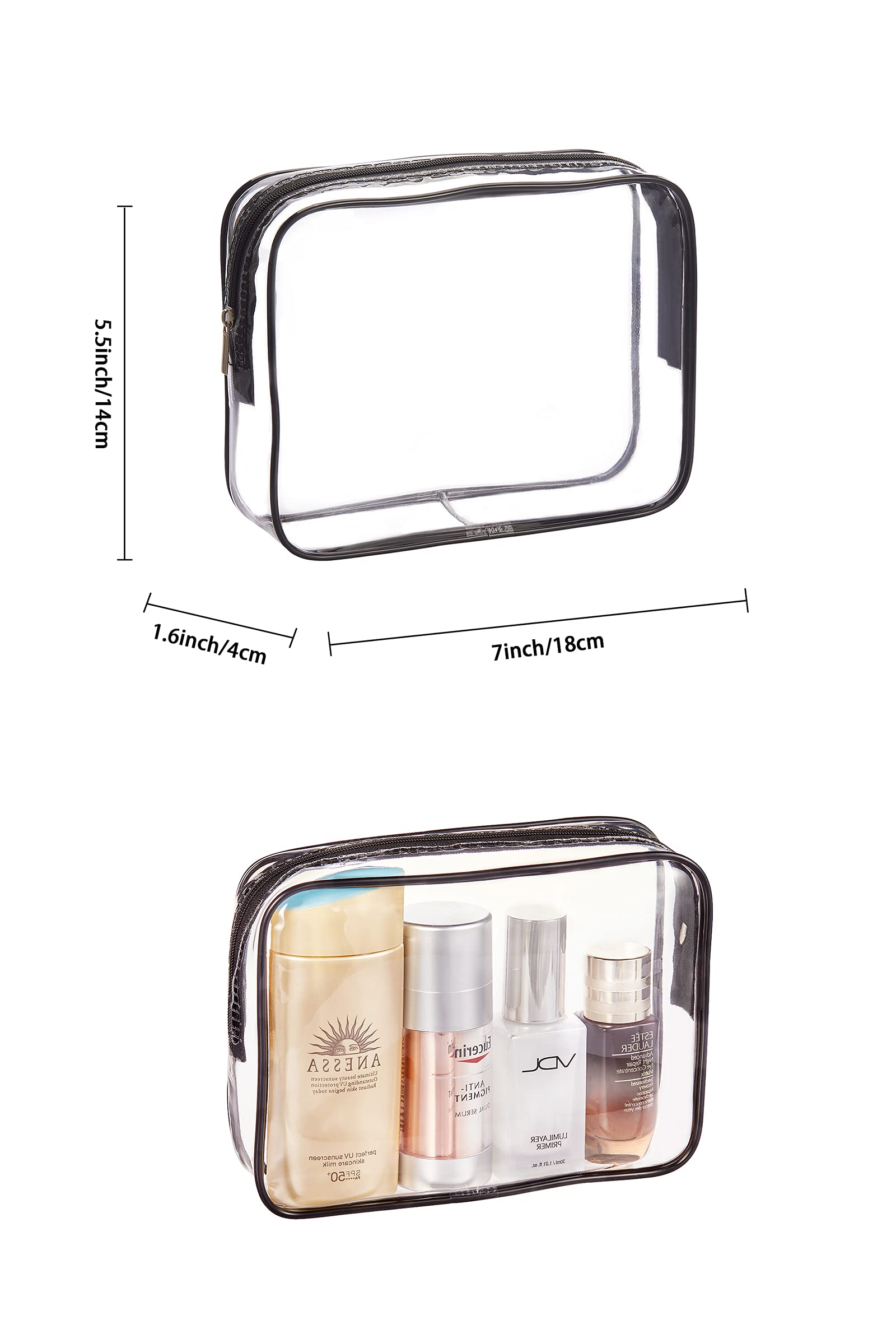 NATURAL STYLE 3 Pieces Clear Makeup Cosmetic Bags for Travel, TSA Approved Clear Toiletry Bag Set with Zipper, Waterproof Transparent PVC Packing Cubes Organizer Storage Bag (Black)