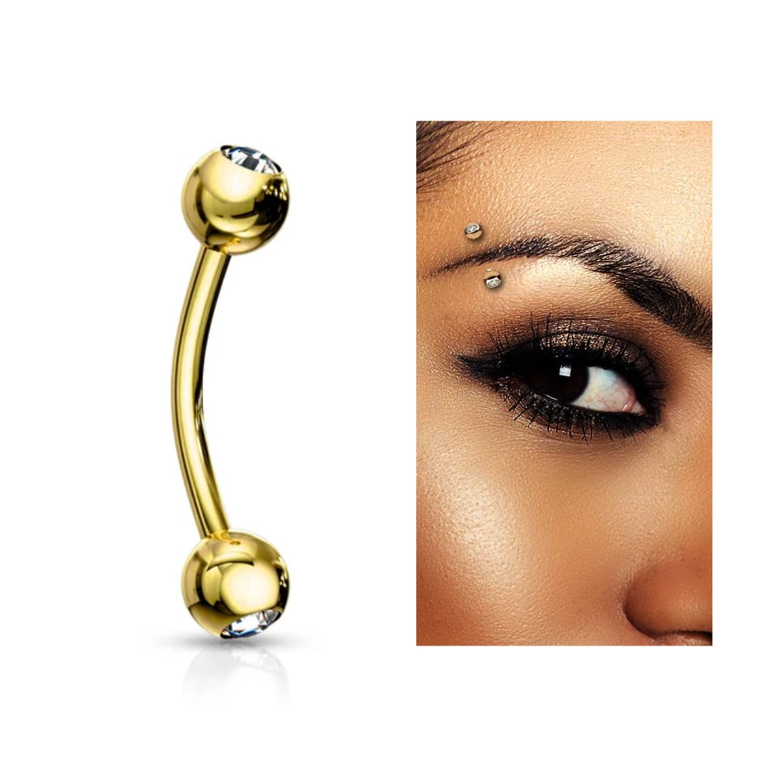 18G 1/4" GOLD TITANIUM DOUBLE CZ GEM CURVED BARBELL EYEBROW RING TRAGUS PIERCING Style 88888-752