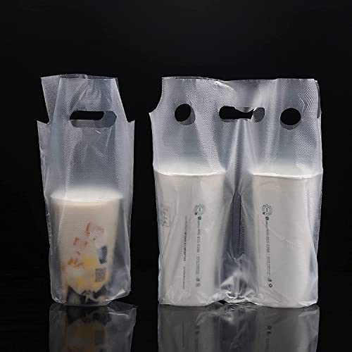 300PCS Clear Handle Drink Drinking Poly Plastic Packaging Bags,Drink Carrier, for Delivery Take Out Cup Holder Bar Restaurant Coffee Shop Supplies Cup Carriers
