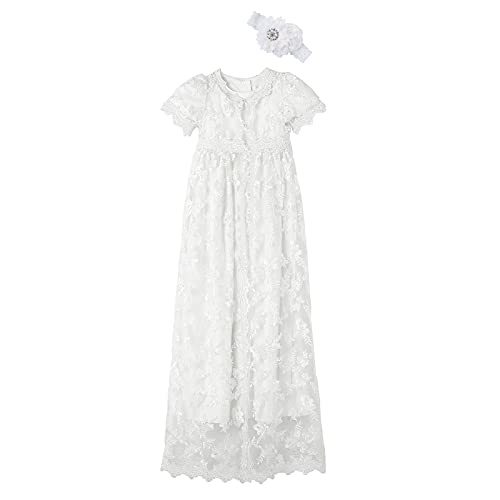 Bow Dream Baby Girl Christening Baptism Dresses Newborn Gowns with Headband Outfit White 3-6 Months