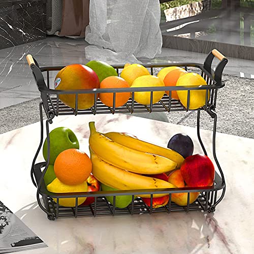 2 Tier Fruit Storage Basket Countertop for Kitchen, Bread Vegetable Farmhouse Fruit Basket Bowl Stand Detachable Metal Wire Basket with Wooden Handle for Kitchen, Reception, Dining Table(Black)