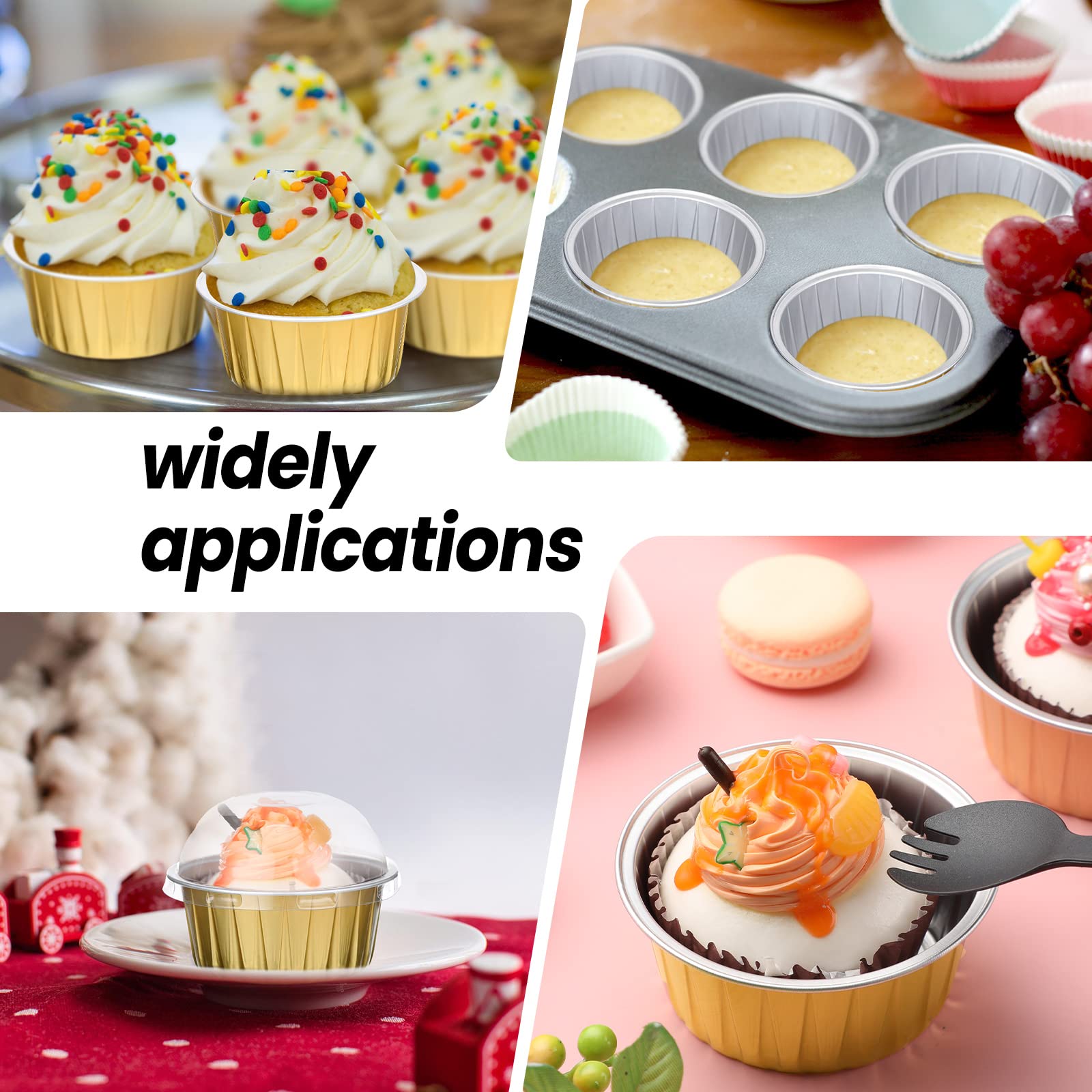 200 Pack 5oz Cupcake Liners with Dome Lids with 200 Pieces Spoons Bulk Aluminum Muffin Liners Foil Baking Cups Muffin Tin Dessert Pudding Holders for Individual Bakery Wedding Birthday Party