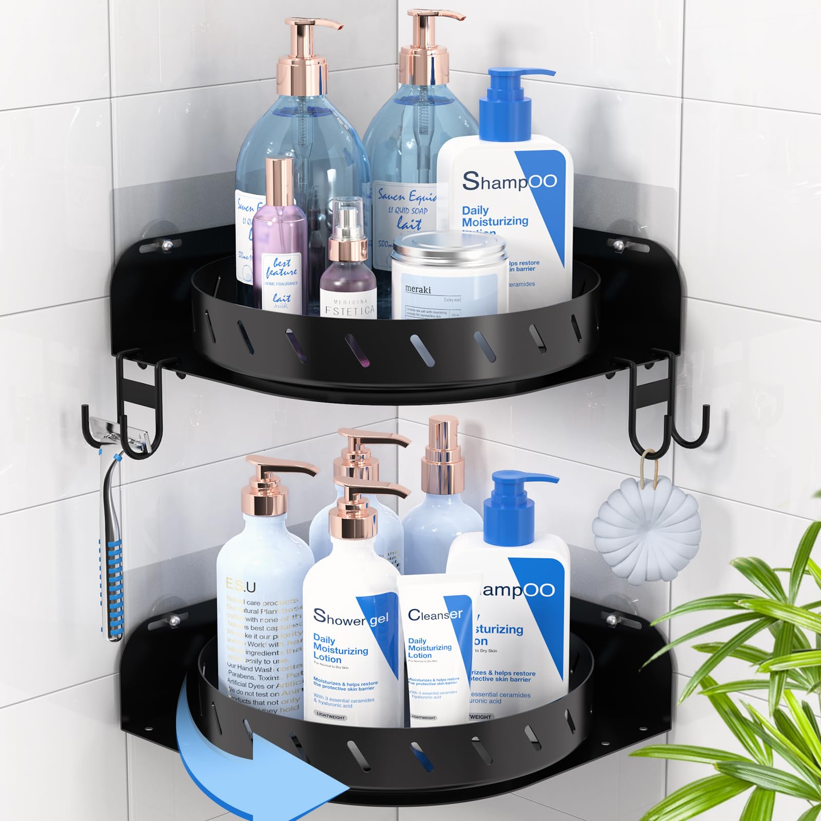 360°Rotating Corner Shower Caddy Shelf With 6 Hooks,2PACK Bathroom Lazy Susan Shower Organizer Corner with 5Pcs Adhesive,Stainless Steel Shower Racks for Inside Shower for Home Apartment Decor(Black)