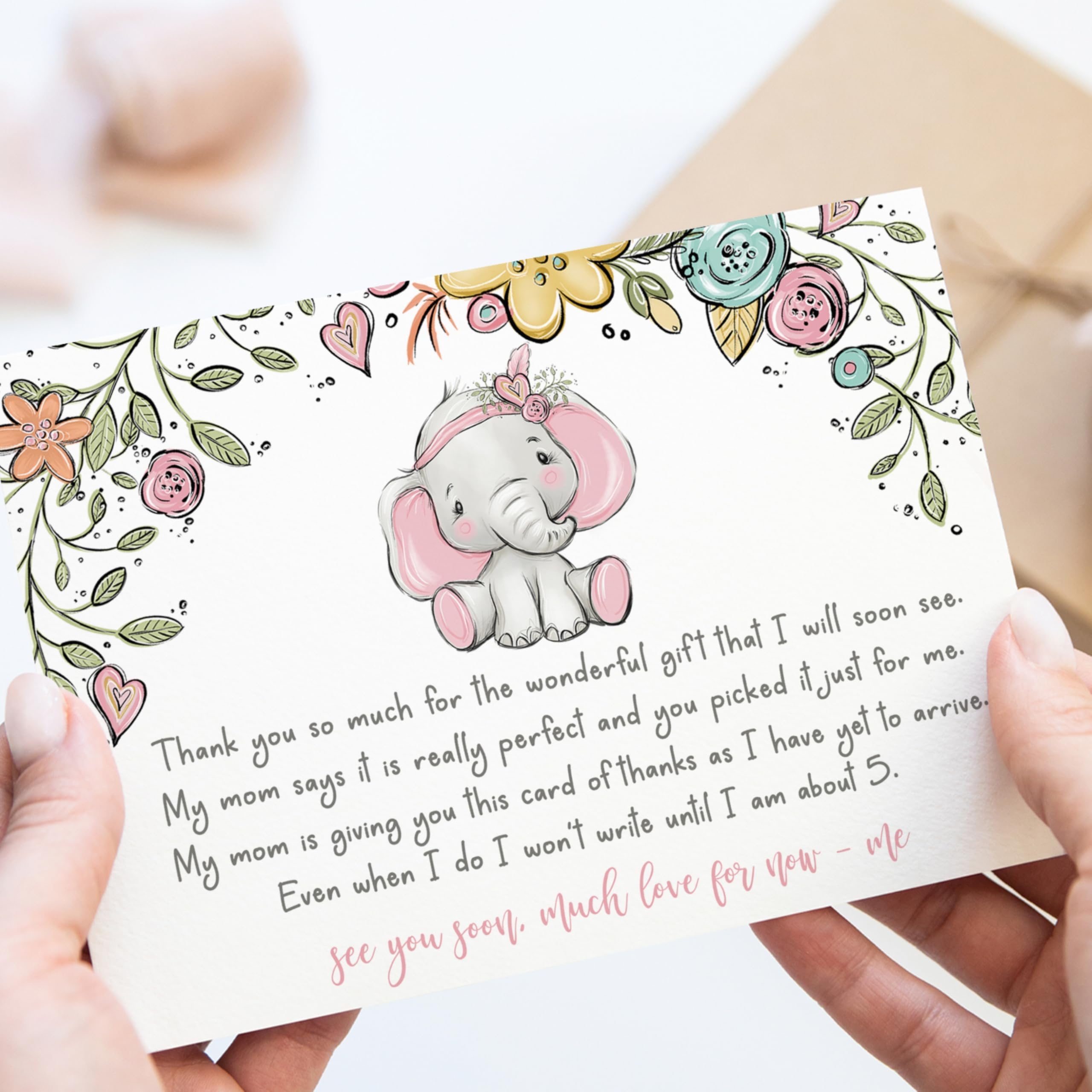 Paper Clever Party Cottage Elephant Baby Shower Thank You Cards with Envelopes - 25 Pack - Pink Floral 4x6 Blank Notes with Prefilled Message from Baby Girl - Personalizable Space for Customization