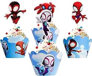 12 Pcs Spider and His Friends Cupcake Decorations, Double Sided Toppers and Wrappers, Superhero Decorations, Boys and Girls Birthday Party Supplies