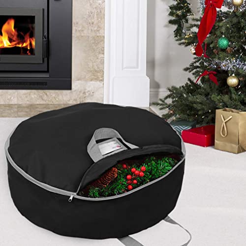 Primode Christmas Wreath Storage Bag 24"- Garland Wreaths Container with Handles - Durable 600D Oxford Polyester Material Holiday Wreaths Storage Holder 24β (Black)
