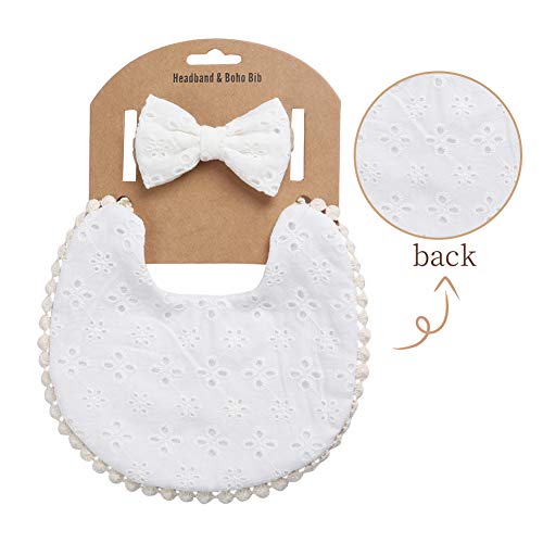 KIDOCHEESE Baby Bibs for Girls Reversible Boho Double-Deck Cotton Drooling Bibs with Nylon Headband Set (SET-02)
