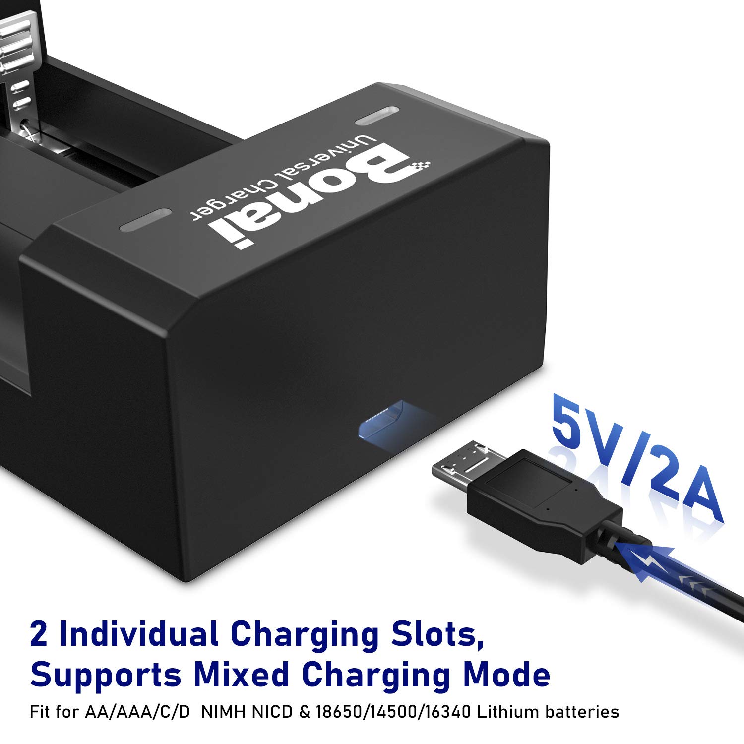 BONAI Battery Charger for 1.2V Ni-MH Ni-Cd AA AAA C D Rechargeable Batteries, All Types of 3.7V Lithium Batteries - 2 Slots USB Charger