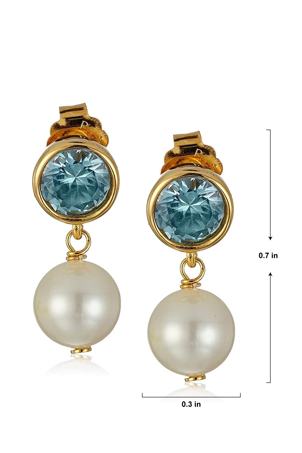 18k Gold Plated Sterling Silver Created Aquamarine and Freshwater Cultured Pearl Drop Stud Birthstone Earrings