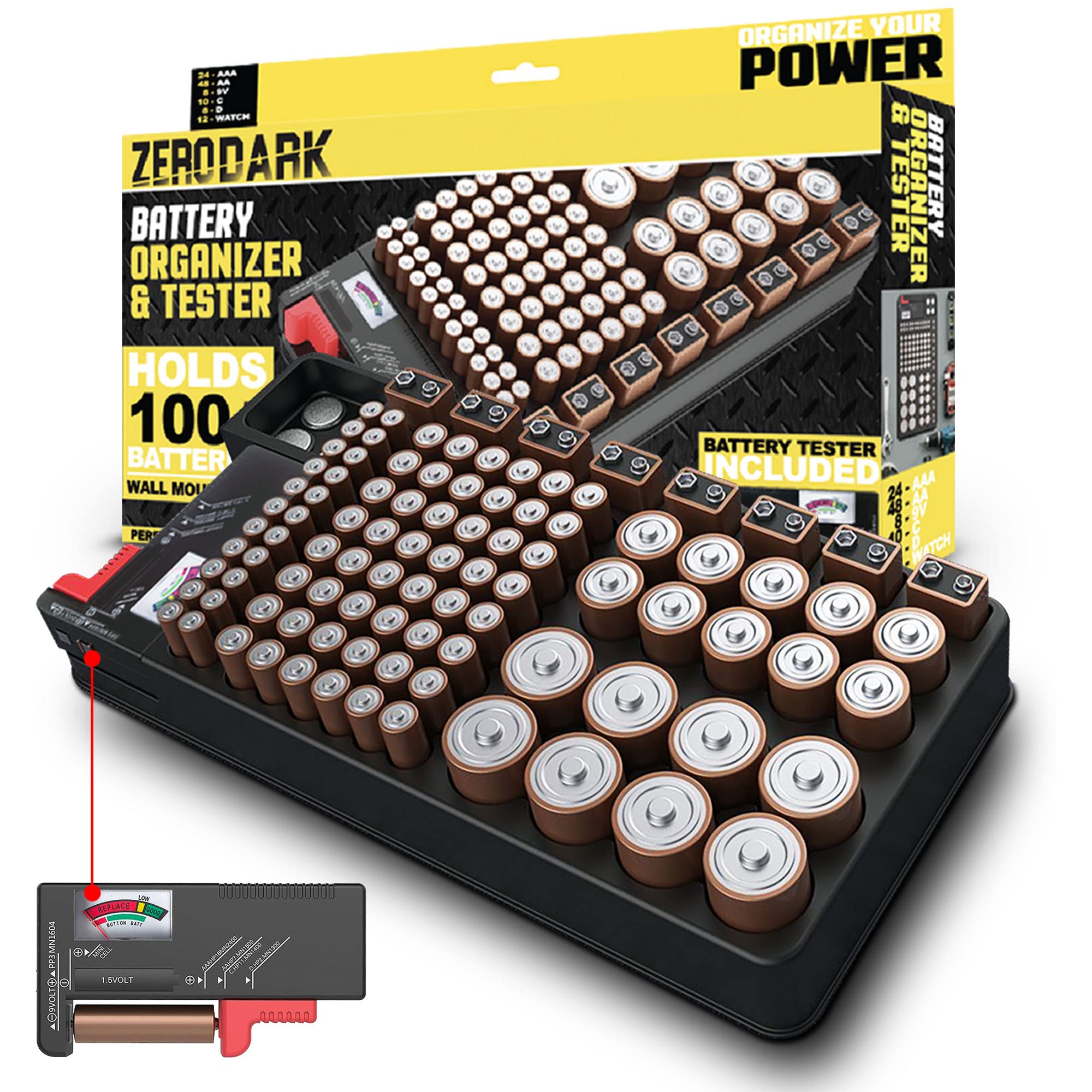 ZeroDark Battery Storage Organizer Case with Battery Tester, Holds 110 Batteries Various Sizes