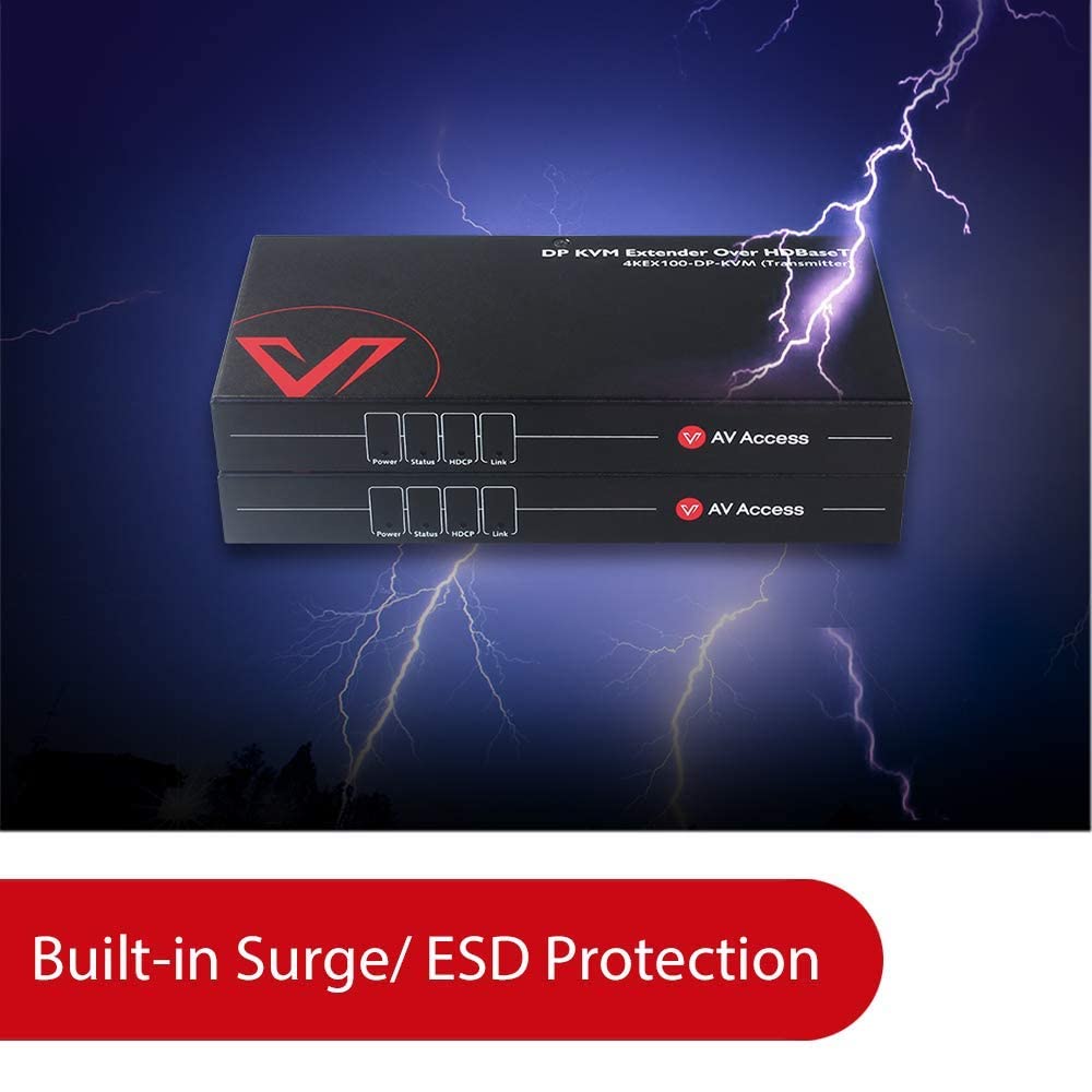 AV Access HDBaseT DisplayPort KVM Extender, Zero Latency, 4k@30Hz/1080P@120Hz DP 1.2 PoE Extender with 2 USB 2.0 Ports for Keyboard and Mouse, EDID, PoE Function, Over Single Cat5e/6/6a/7 Up to 330ft