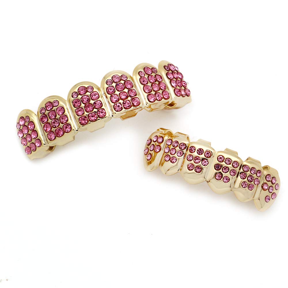 18K Gold Plated Iced Out CZ with Red Blue Pink Diamond Top and Bottom Grills for Your Teeth Men Women Hip Hop Jewelry