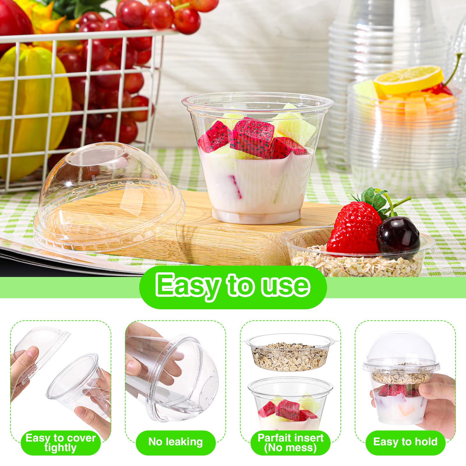 150 Sets 9 oz Clear Plastic Parfait Cups with Lids Mini Dessert Cups with Spoons No Hole and Insert Disposable Yogurt Container Cups with Dome Lids for Yogurt Fruit Cereal Oatmeal Pudding Ice Cream