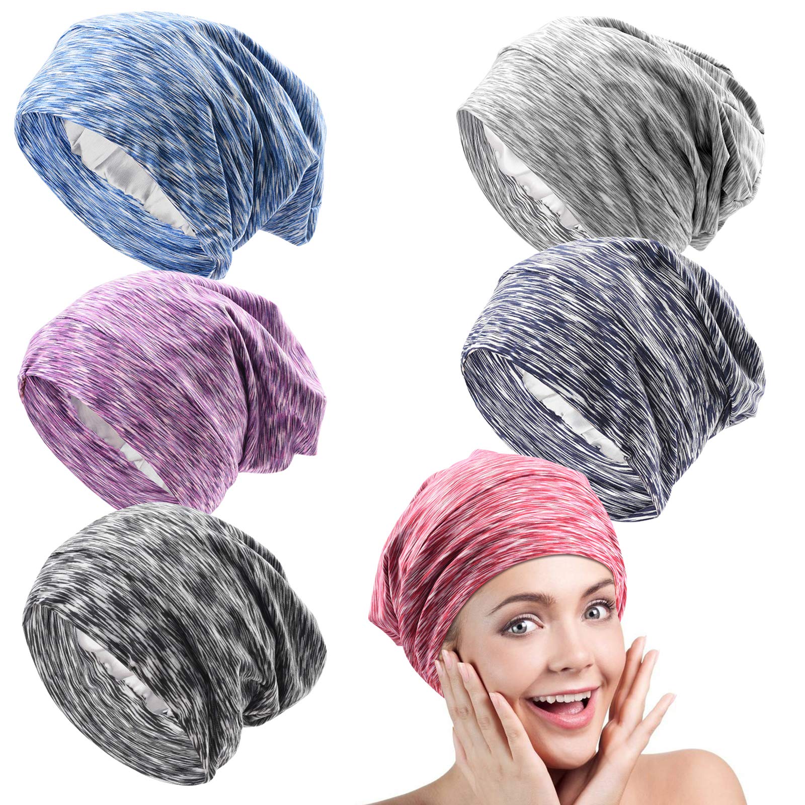 LUKACY Satin Lined Sleep Cap Beanie Hat 6 Pieces Adjustable Bonnet Satin Bonnet for Curly Hair Sleeping caps for Women -Gifts for Ladies Multi-Colored