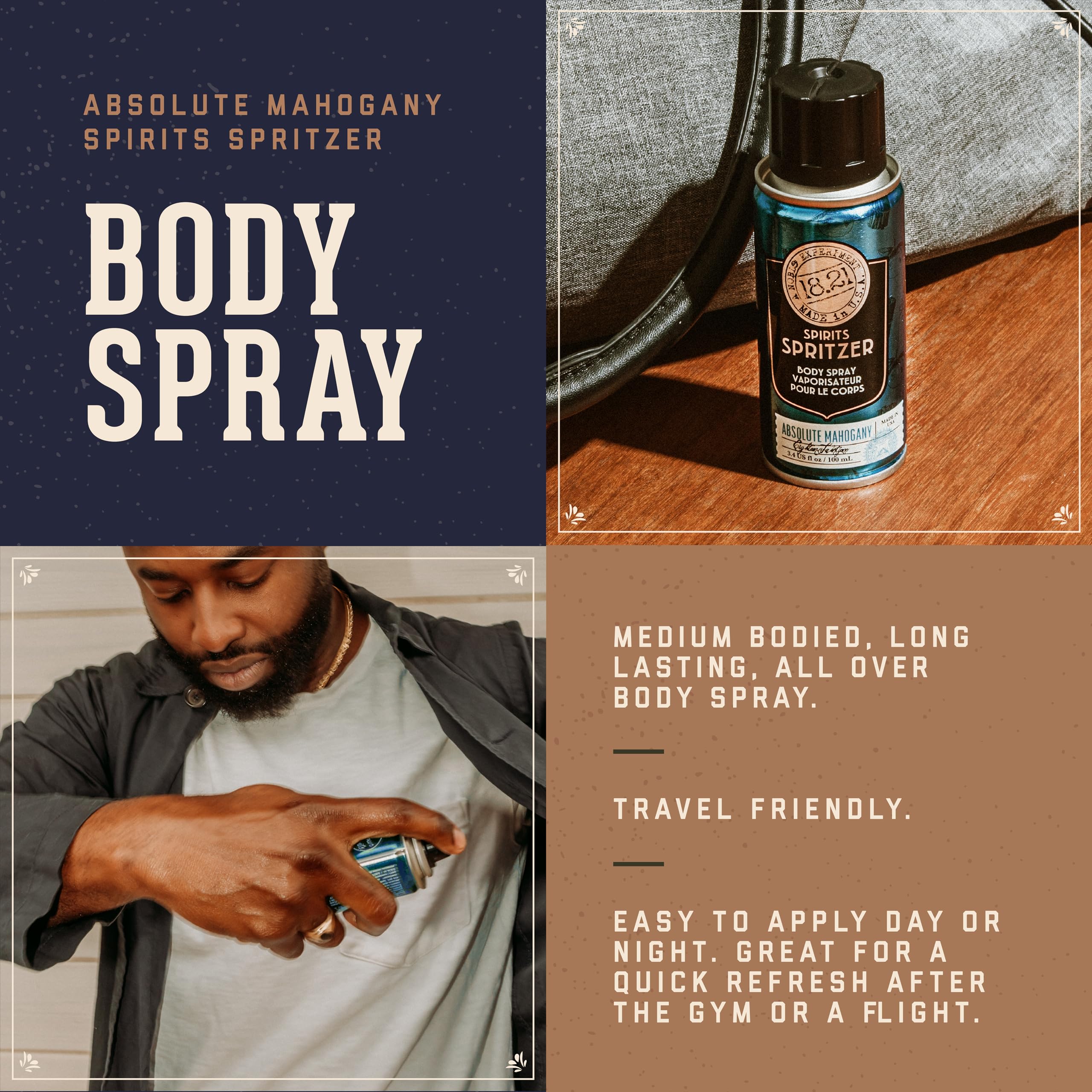 18.21 Man Made Men’s Spirits Spritzer Absolute Mahogany, 3.4 oz. - Long-Lasting All Over Body Spray with Masculine Aromatics - Gifts for Him