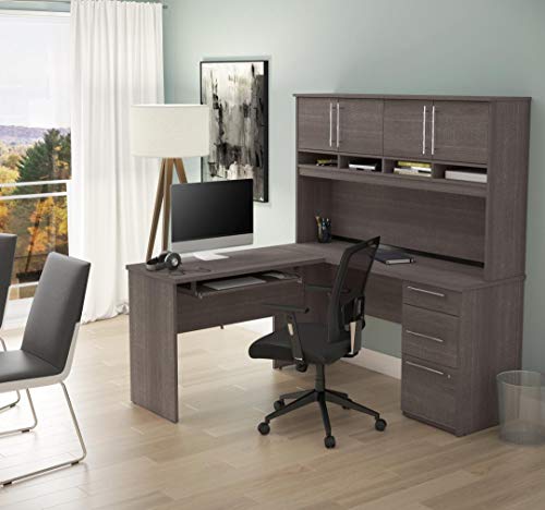 Bestar Innova L-Shaped Desk with Hutch, 60W, Bark Grey