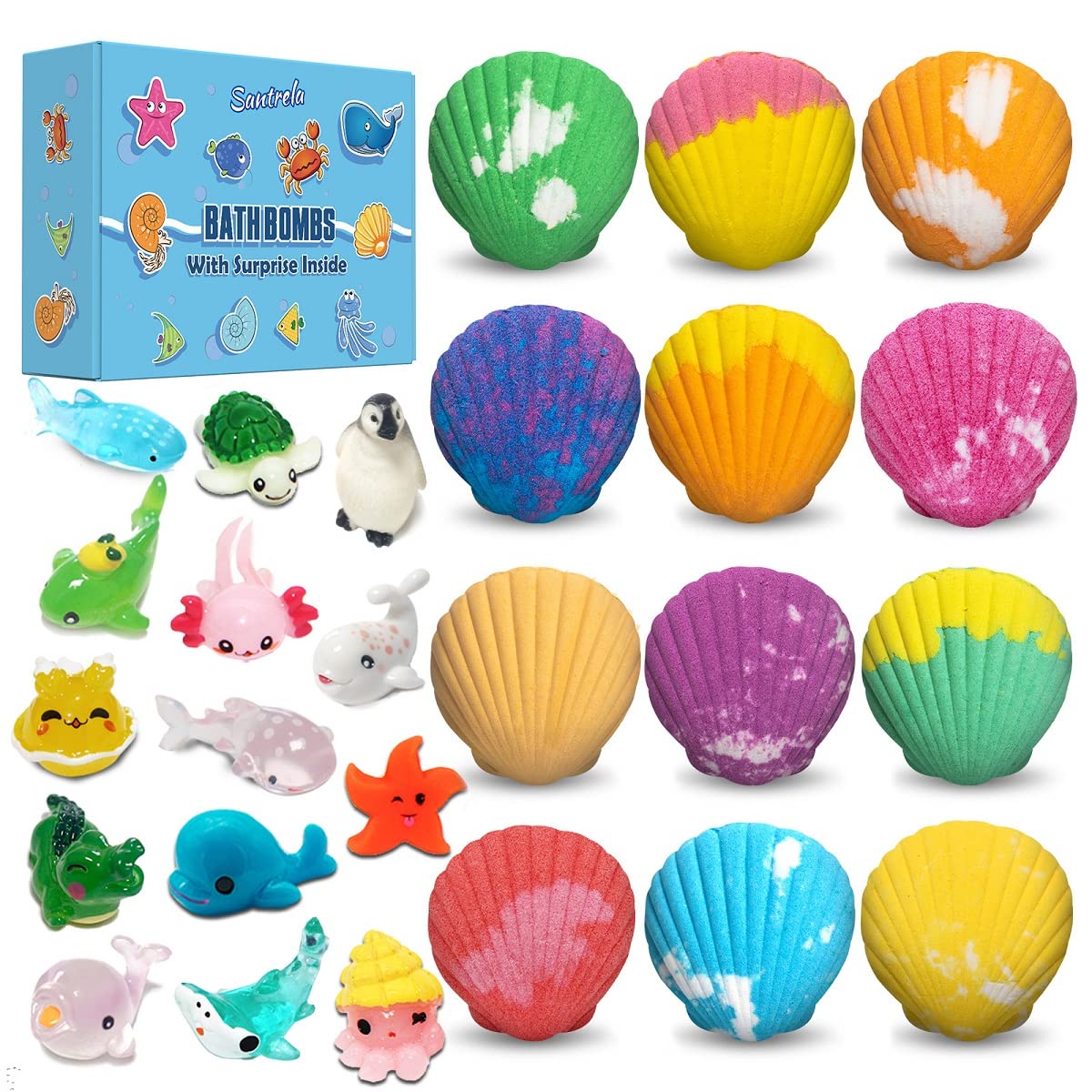 Bath Bombs for Kids with Surprise Toys Inside, 12 Pack Shell Kids Bath Bombs Gift Set for Girls Boys Birthday, Easter, Christmas, Halloween, Handmade Organic Bath Fizzy Bomb with Sea Animal for Child