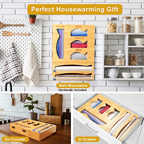 6 Slots Bamboo Wall mountable Ziplock Bag Storage Organizer and Foil & Plastic Wrap Dispenser with Cutter, for Kitchen Drawer, Counter Top, Pantry, Compatible with Gallon, Quart, Sandwich, Snack Bag
