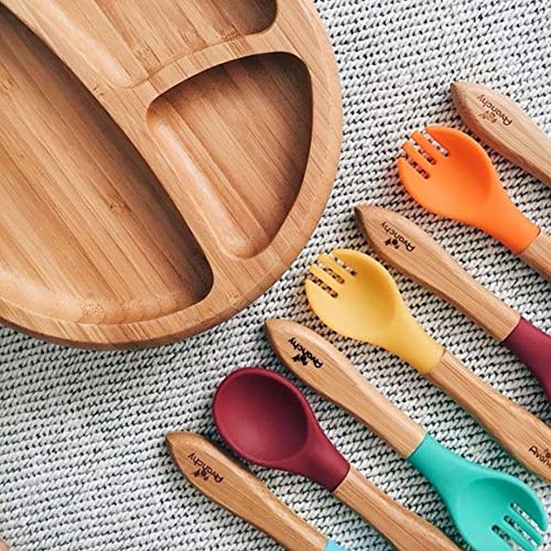 Avanchy Baby Fork Set, Bamboo and Silicone Spork Utensils, Toddler Baby Led Weaning Silverware Cutlery Flatware, Kids First Self Feeding, 2 Pack, Green