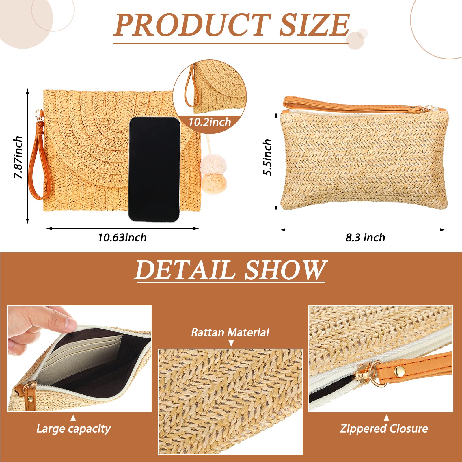 2 Pcs Women's Straw Clutch Purse and 4 Pairs Rattan Earrings Lightweight Boho Geometric Woven Straw Earrings (Retro Style)