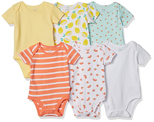 Amazon Essentials Baby Girls' Short-Sleeve Bodysuits, Pack of 6, Fruit/Girls, 3 Months