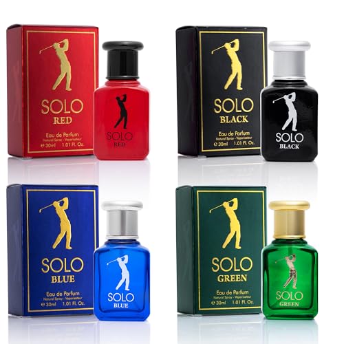 NovoGlow Solo 4-Piece Mini Fragrance Set for Men EDP - Solo Red, Blue, Black & Green - Combination of Sweet, Woody, Citrus & Spicy Scents - Viva Las Vegas Suitable For All Skin Types