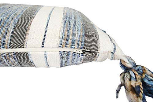 Creative Co-Op Blue, Grey & Cream Striped Cotton Blend Lumbar Tassels Pillows, 1 Count (Pack of 1)