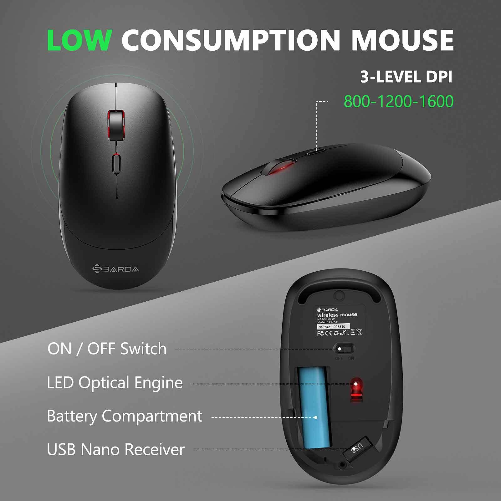 Wireless Keyboard and Mouse Combo, SBARDA Full Size Compact Silent 2.4 GHz Wireless Keyboard and Mouse with 13 Multimedia and Shortcut Keys for Desktops/Laptops/Mac, Black