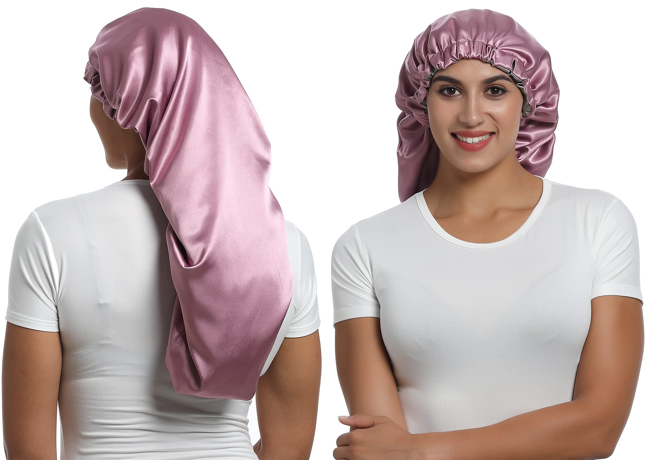 SAYMRE Satin Bonnet Silky Sleep Cap,Adjustable Hair Bonnet for Braids Curly Hair (Long Size, Long Champagne)