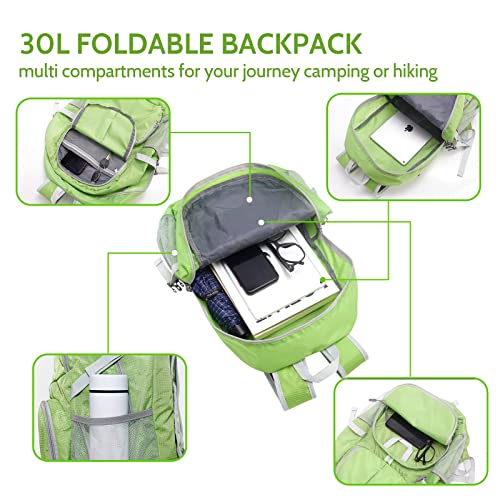 30L Green Lightweight Foldable Large Capacity Backpack for Men and Women - Waterproof Backpack for Travel Sports, Outdoors, Camping and Hiking - Adjustable Shoulder Straps and Multiple Compartments