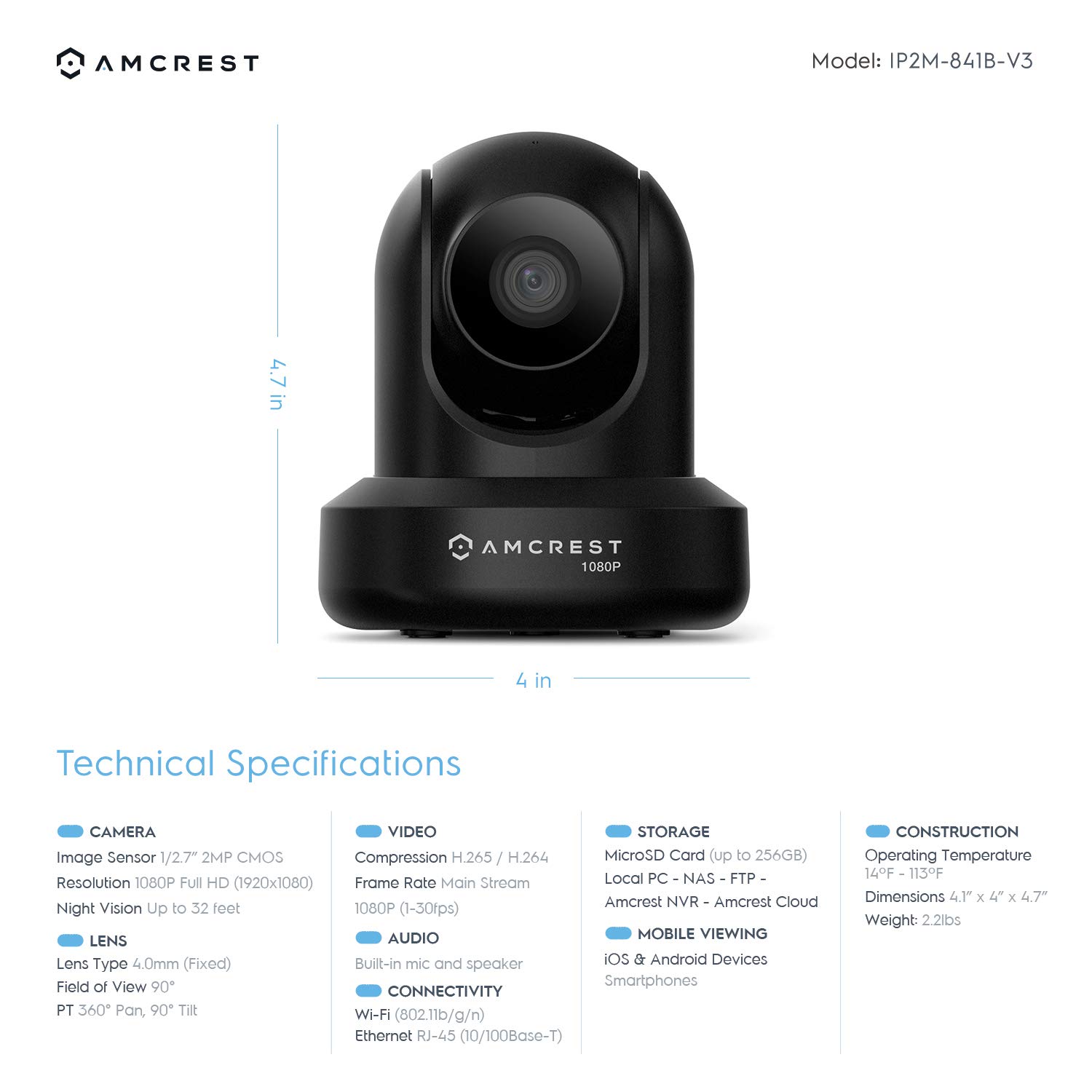 Amcrest 2-Pack 1080p WiFi Camera Indoor, 2MP Pan/Tilt Home Security Camera, Auto-Tracking, Motion & Audio Detection, Enhanced Browser Compatibility, H.265, Two-Way Talk 2PACK-IP2M-841B-V3 (Black)