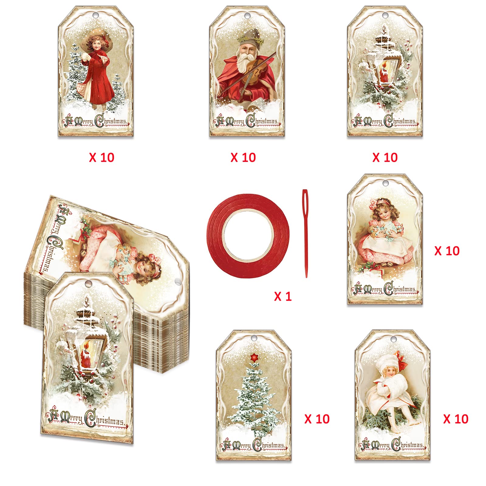 60 Vintage Christmas Tags, Merry Christmas Gift Tags, Retro Xmas Paper Tags with String, Christmas Journal Planner Tags Party Supplies