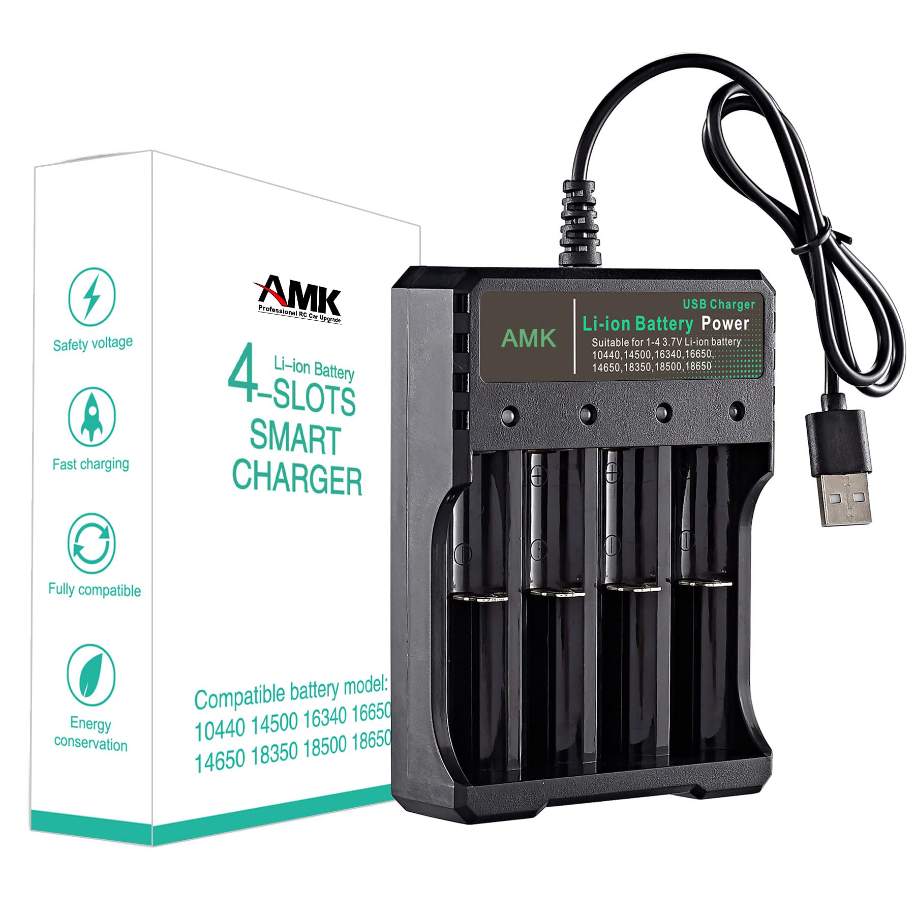 18650 Battery Charger 4 Bay, Smart Universal Charger for Flashlight Headlamp Battery 3.7V Lithium Li ion Batteries Compatible 18650 14500 16340 Battery Charger
