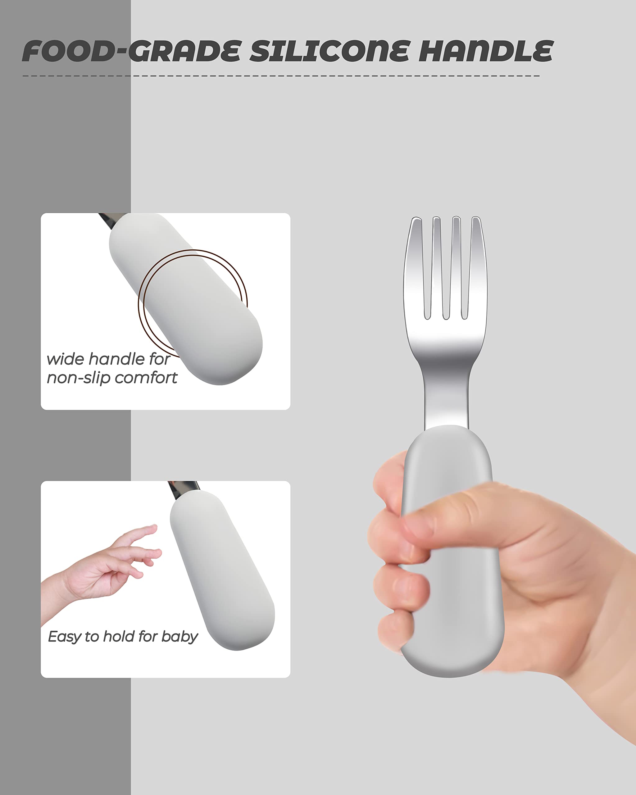 2 pcs Toddler Utensils, Stainless Steel Toddler Silverware Set with Round Handle, Baby Forks for Self Feeding, 1 Toddler Fork and 1 Toddler Spoon, BPA Free