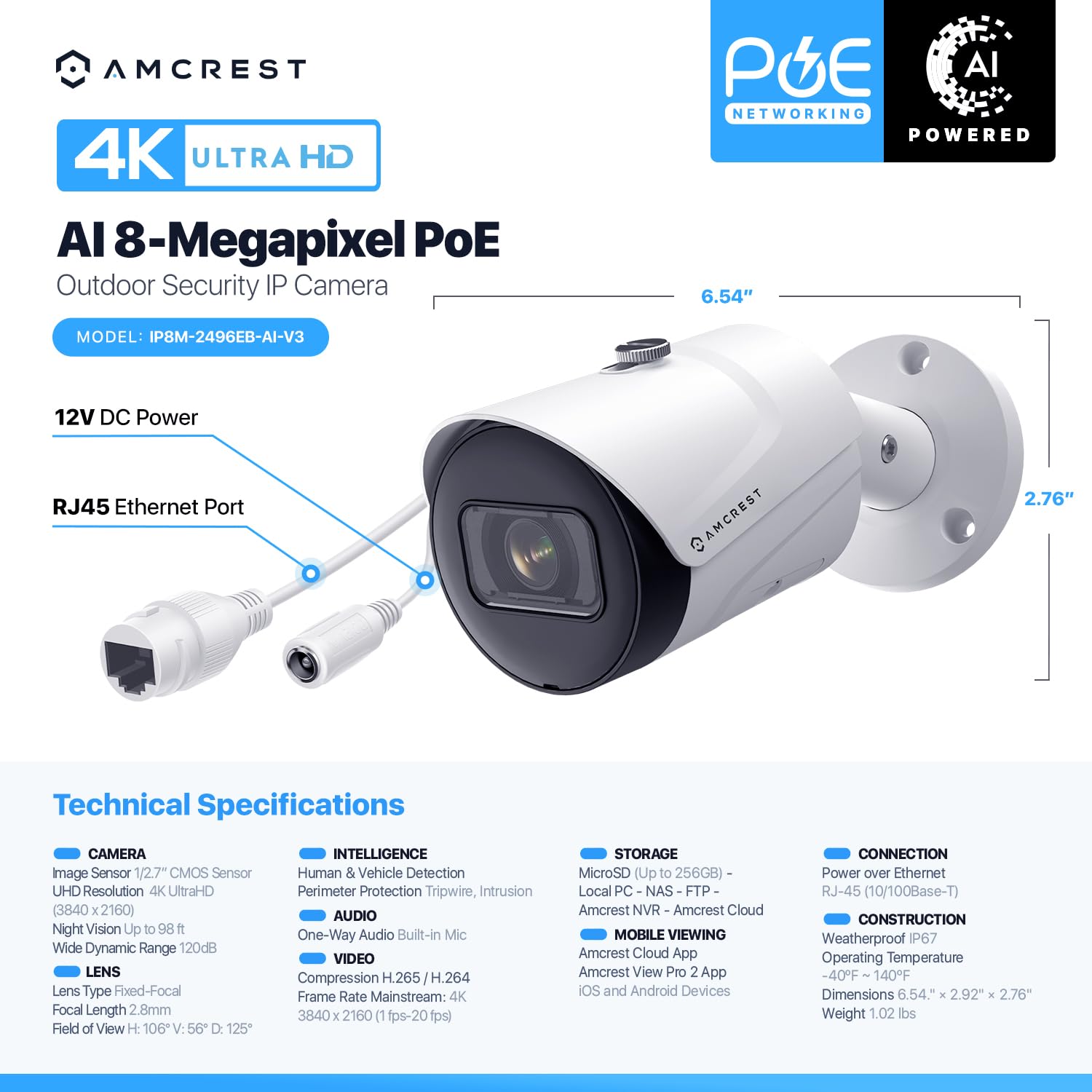 Amcrest 2-Pack UltraHD 4K (8MP) Bullet POE IP Camera, 3840x2160, 98ft NightVision, IP67 Weatherproof, 125° FOV, Supports up to 256GB MicroSD Recording, White (2PACK-IP8M-2496EW-AI-V3)