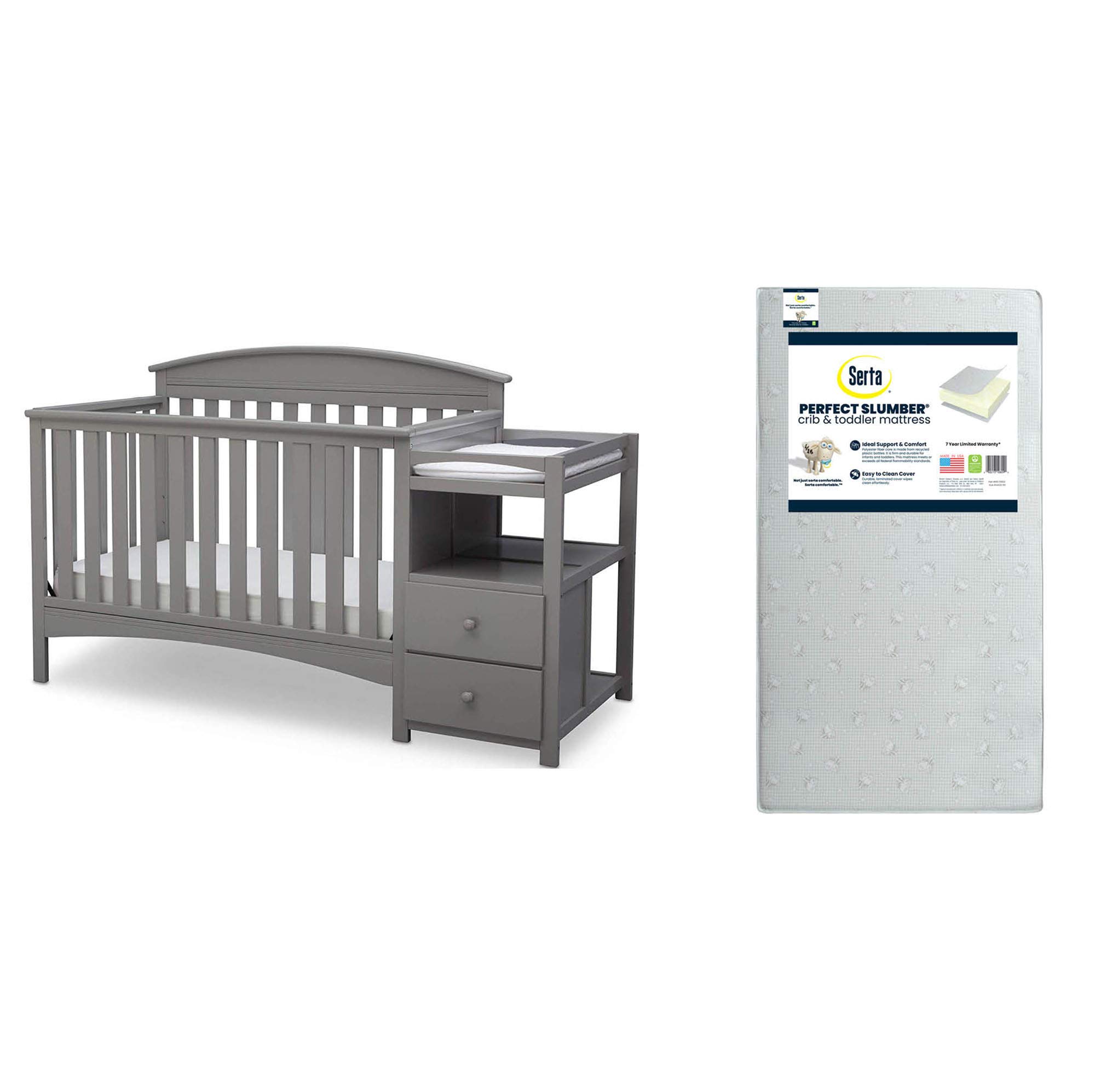 Delta Children Abby Convertible Crib 'N' Changer, Grey + Serta Perfect Slumber Dual Sided Recycled Fiber Core Crib and Toddler Mattress (Bundle)