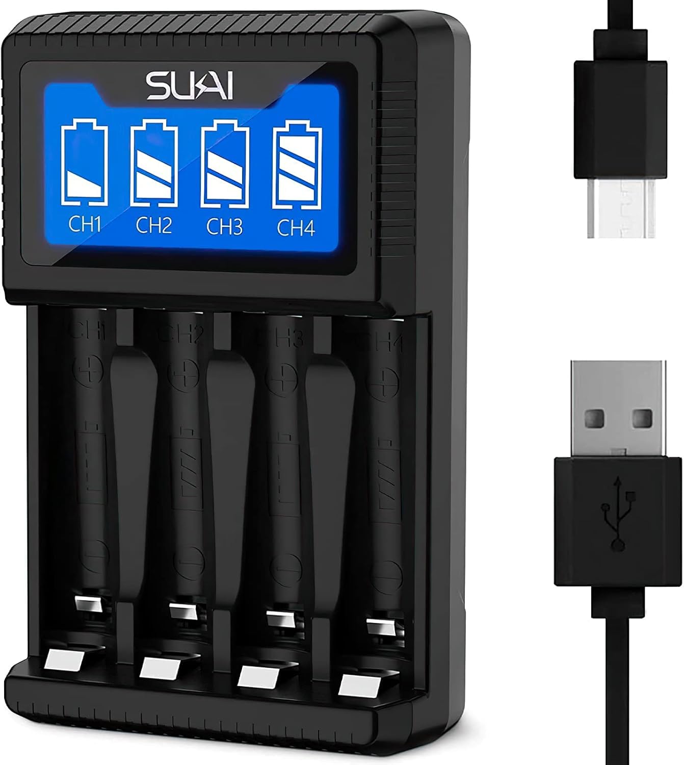 SUKAI 4 Bay AA AAA Battery Charger, USB High-Speed Charging, Independent Slot, for Ni-MH Ni-CD Rechargeable AA AAA Batteries, No Adapter