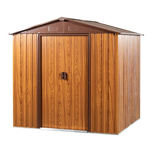 6.36 x 5.7ft Outdoor Metal Storage Shed with Floor Frame, Sliding Doors, Sun Protection, Waterproof Tool Storage Shed for Garden, Patio, Lawn,BackyardΒ (Brown & Wood Grain-No Window)