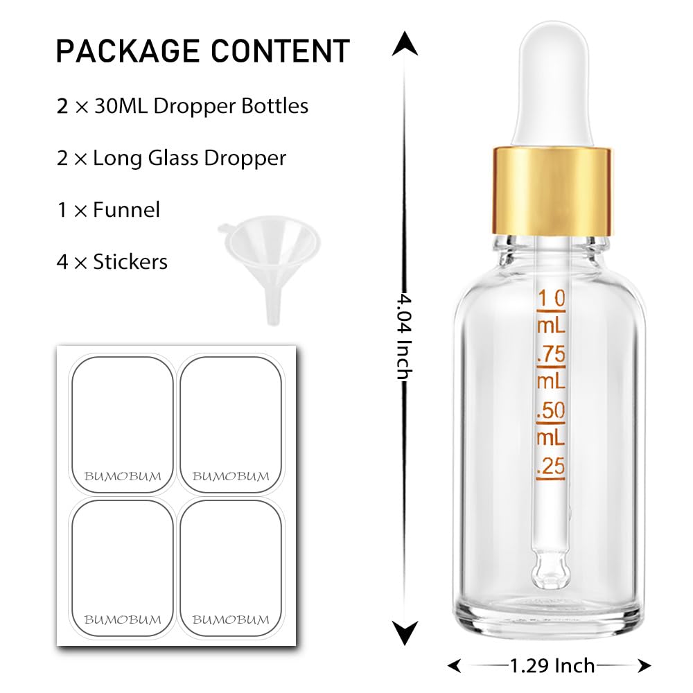 Bumobum Dropper Bottle Clear 1 oz, 30 ml Glass Dropper Bottles with Measurement and Golden Top Cap for Essential Oils, 2 pack Tincture Bottle with Labels and Funnel