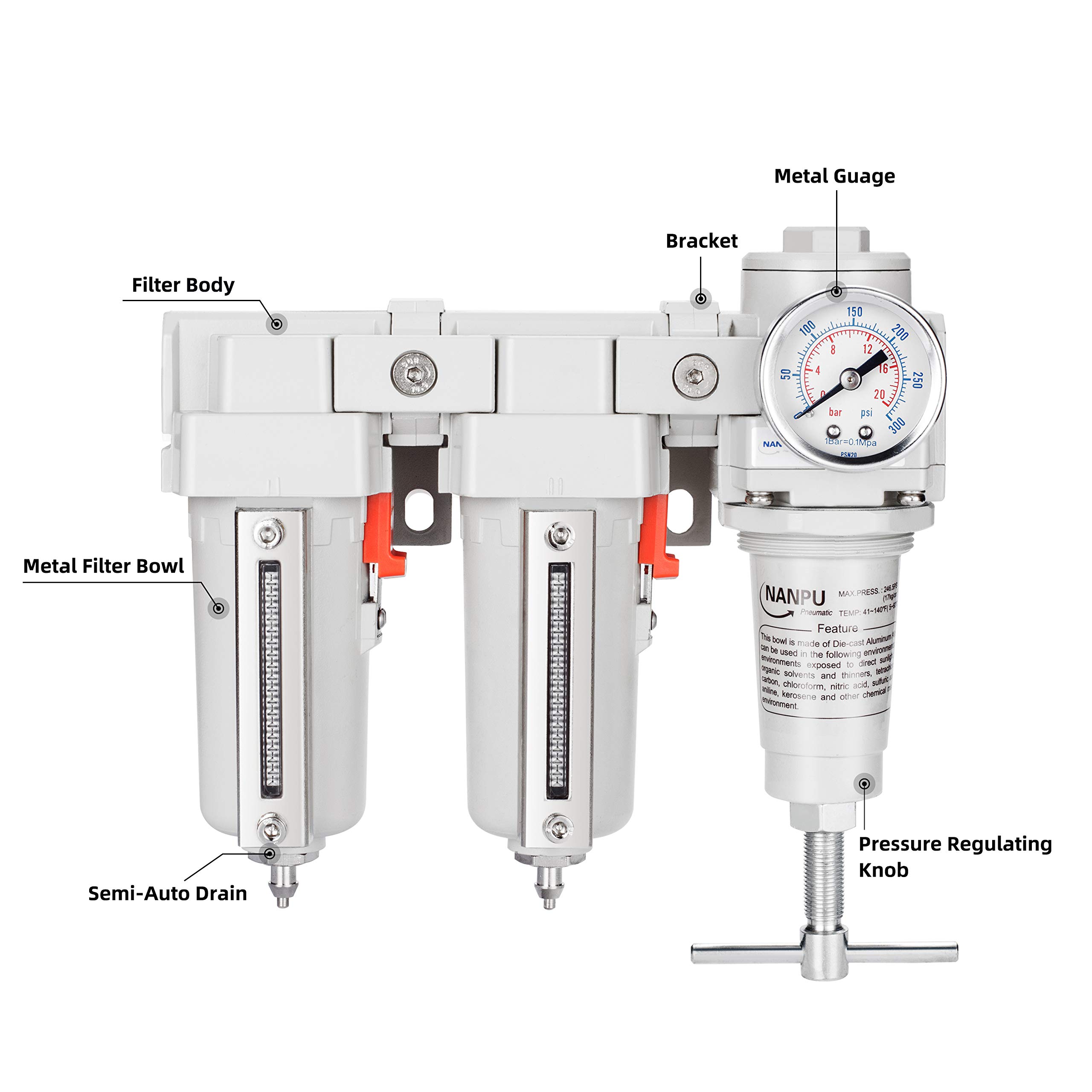 NANPU 1/2" NPT T-Handle High Pressure Air Drying System - Double 5 Micron Particulate Filter & Air Pressure Regulator Piston Combo, Semi-Auto Drain&Gauge