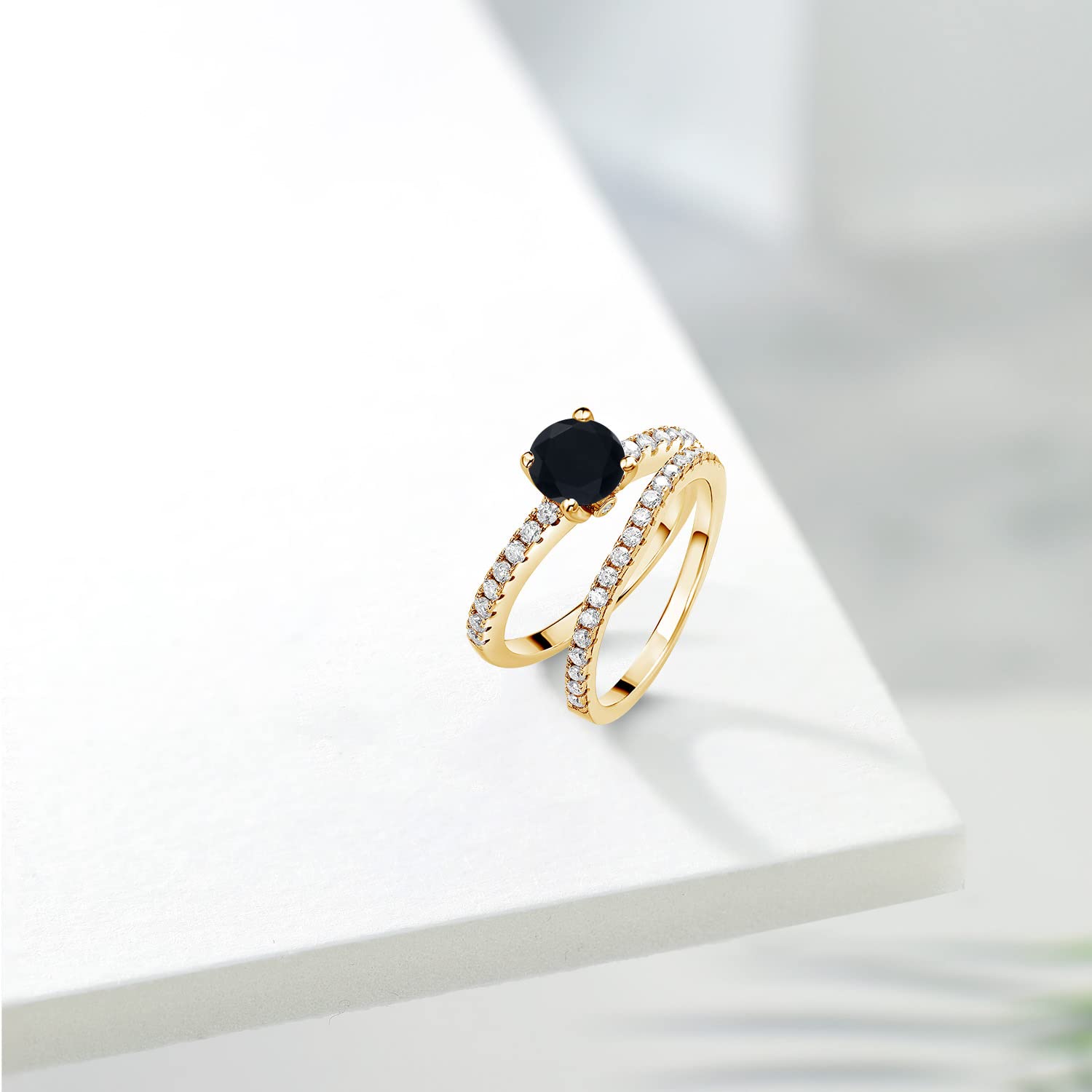 18K Yellow Gold Plated Silver Black Onyx and White Moissanite Wedding Engagement Band Bridal Set Ring For Women (1.29 Cttw, Gemstone December Birthstone, Available In Size 5, 6, 7, 8, 9)