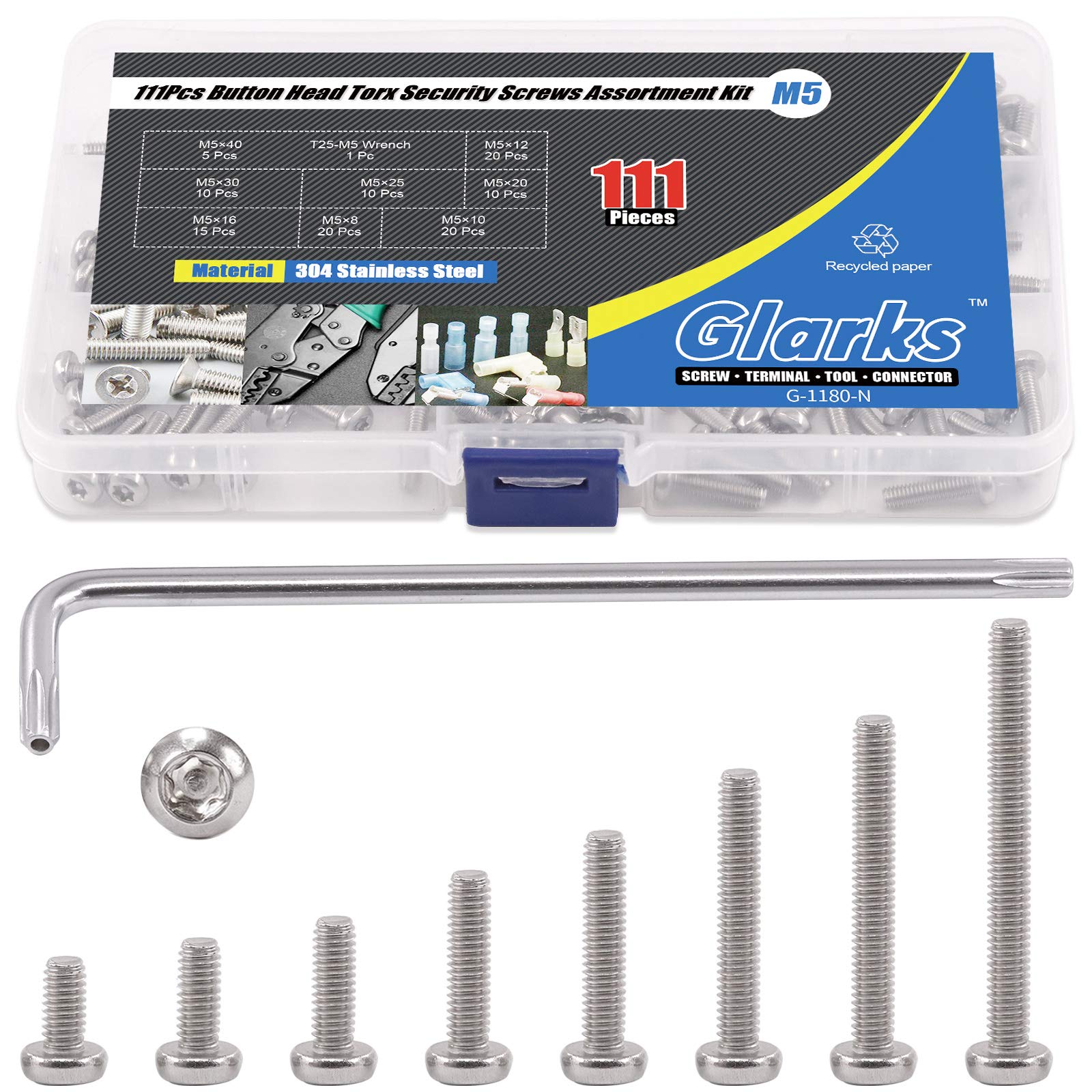 Glarks 111Pcs M5 x 8mm 10mm 12mm 16mm 20mm 25mm 30mm 40mm Pan Head Torx Security Screws 304 Stainless Steel Tamper Resistant Screws Assortment Set with T25 Wrench
