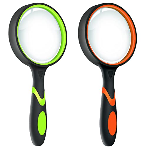 Leffis 2 Pack 10X Magnifying Glass for Seniors & Kids, Non-Slip Handheld Magnifier for Reading, 75mm Magnify Glasses Lens for Close Work, Science and Hobby Observation๏ผGreen and Orange