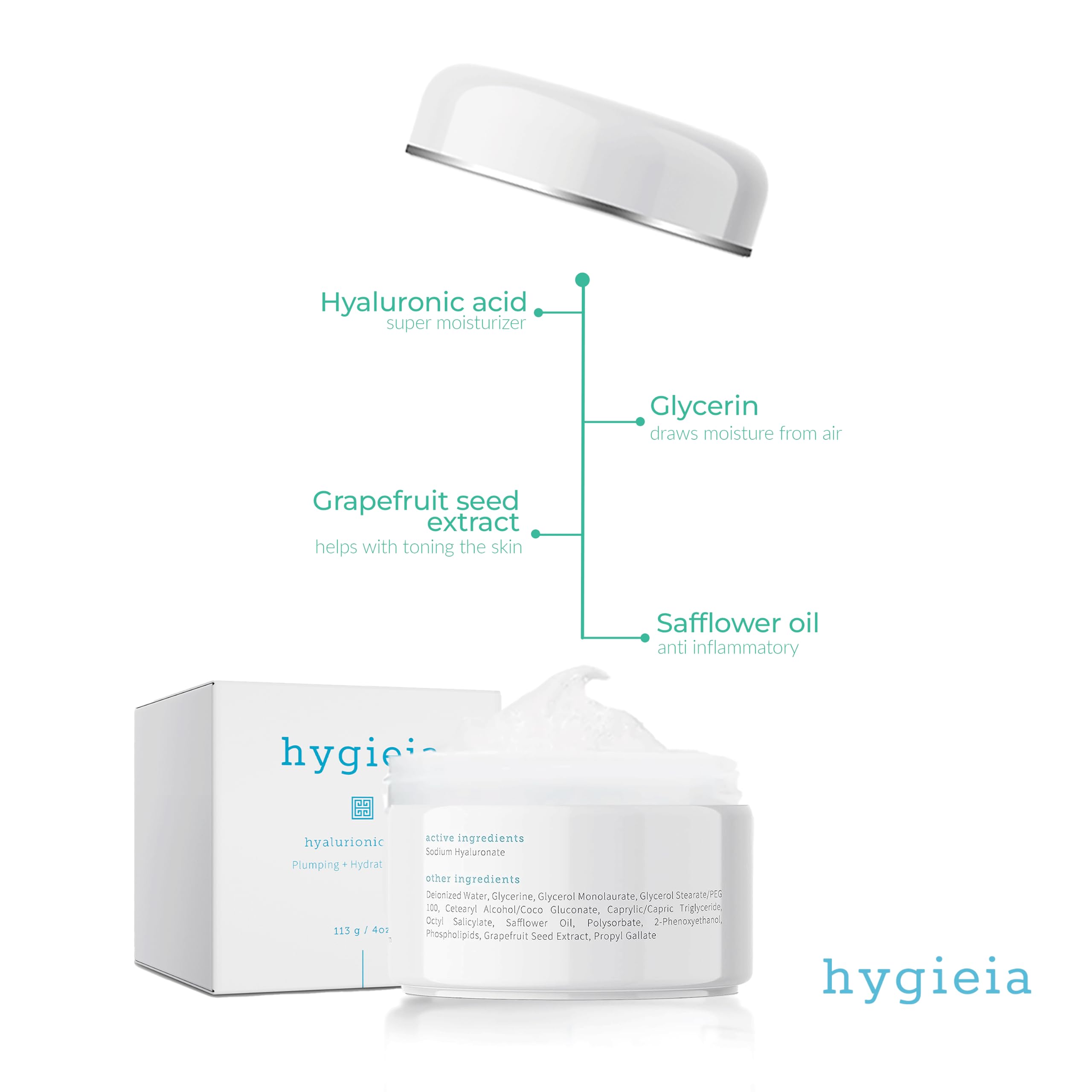 Hygieia + Encapsulated Hyaluronic Acid Face Moisturizer – Hydrating Liposomal Face Cream for Women & Men – Fast & Deep Cellular Absorption for Daily Skin Hydration, Firming, Toning & Elasticity, 4oz